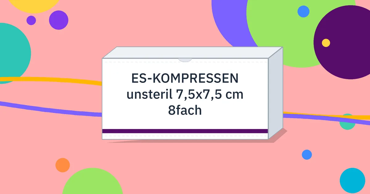 Symbolbild: Packung mit der Aufschrift ES-KOMPRESSEN unsteril 7,5x7,5 cm 8fach (PZN 15748299) – Verfügbarkeit und Bezug in Apotheken in Frankfurt am Main