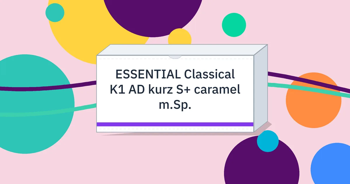 Symbolbild: Packung mit der Aufschrift ESSENTIAL Classical K1 AD kurz S+ caramel m.Sp. (PZN 17008661) – Verfügbarkeit und Bezug in Apotheken in Frankfurt am Main