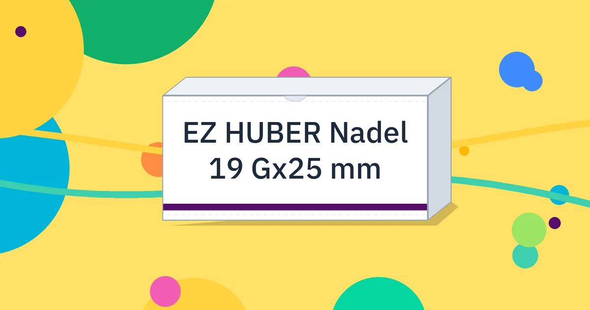 Symbolbild: Packung mit der Aufschrift EZ HUBER Nadel 19 Gx25 mm (PZN 09040610) – Verfügbarkeit und Bezug in Apotheken in Frankfurt am Main