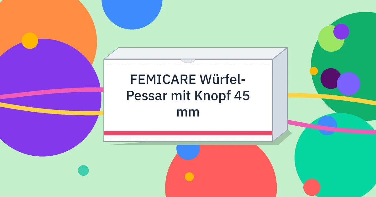 Symbolbild: Packung mit der Aufschrift FEMICARE Würfel-Pessar mit Knopf 45 mm (PZN 19335849) – Verfügbarkeit und Bezug in Apotheken in Frankfurt am Main