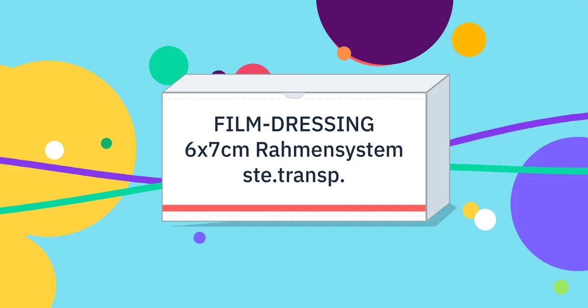 Symbolbild: Packung mit der Aufschrift FILM-DRESSING 6x7cm Rahmensystem ste.transp. (PZN 20010437) – Verfügbarkeit und Bezug in Apotheken in Frankfurt am Main