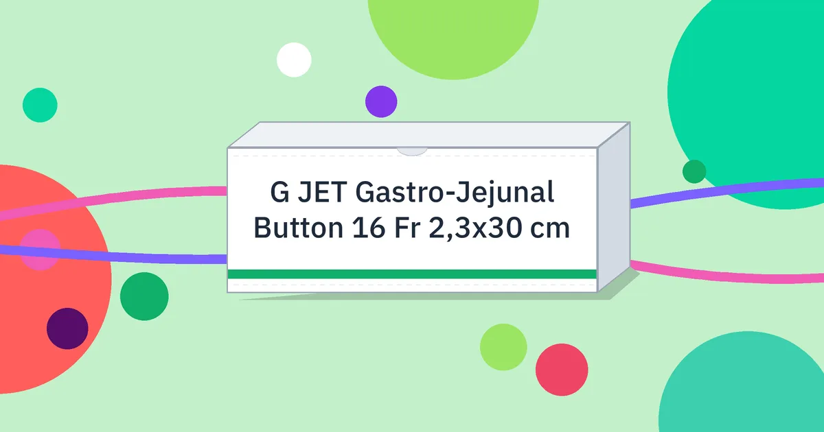 Symbolbild: Packung mit der Aufschrift G JET Gastro-Jejunal Button 16 Fr 2,3x30 cm (PZN 14343146) – Verfügbarkeit und Bezug in Apotheken in Frankfurt am Main