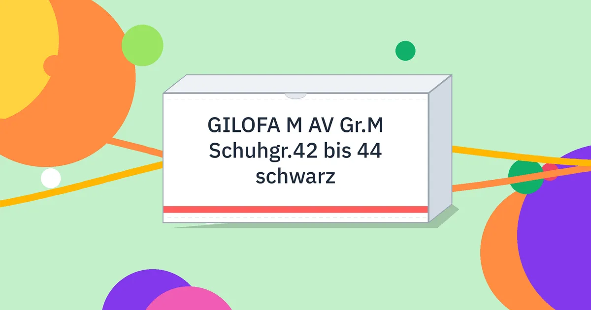 Symbolbild: Packung mit der Aufschrift GILOFA M AV Gr.M Schuhgr.42 bis 44 schwarz (PZN 16726360) – Verfügbarkeit und Bezug in Apotheken in Frankfurt am Main