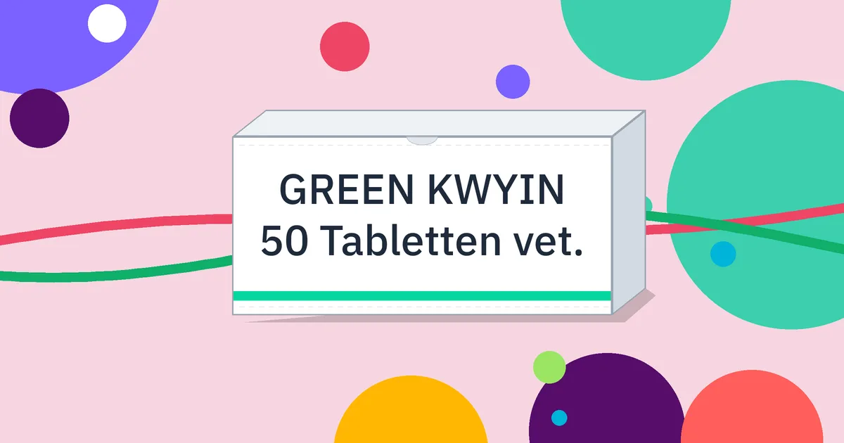 Symbolbild: Packung mit der Aufschrift GREEN KWYIN 50 Tabletten vet. (PZN 00043558) – Verfügbarkeit und Bezug in Apotheken in Frankfurt am Main