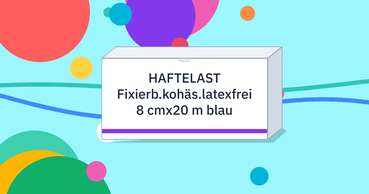 Symbolbild: Packung mit der Aufschrift HAFTELAST Fixierb.kohäs.latexfrei 8 cmx20 m blau (PZN 11382542) – Verfügbarkeit und Bezug in Apotheken in Frankfurt am Main