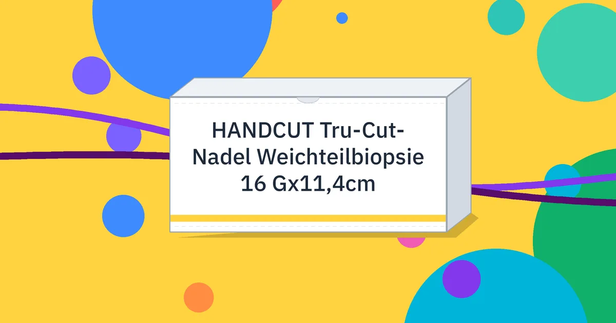 Symbolbild: Packung mit der Aufschrift HANDCUT Tru-Cut-Nadel Weichteilbiopsie 16 Gx11,4cm (PZN 19736399) – Verfügbarkeit und Bezug in Apotheken in Frankfurt am Main