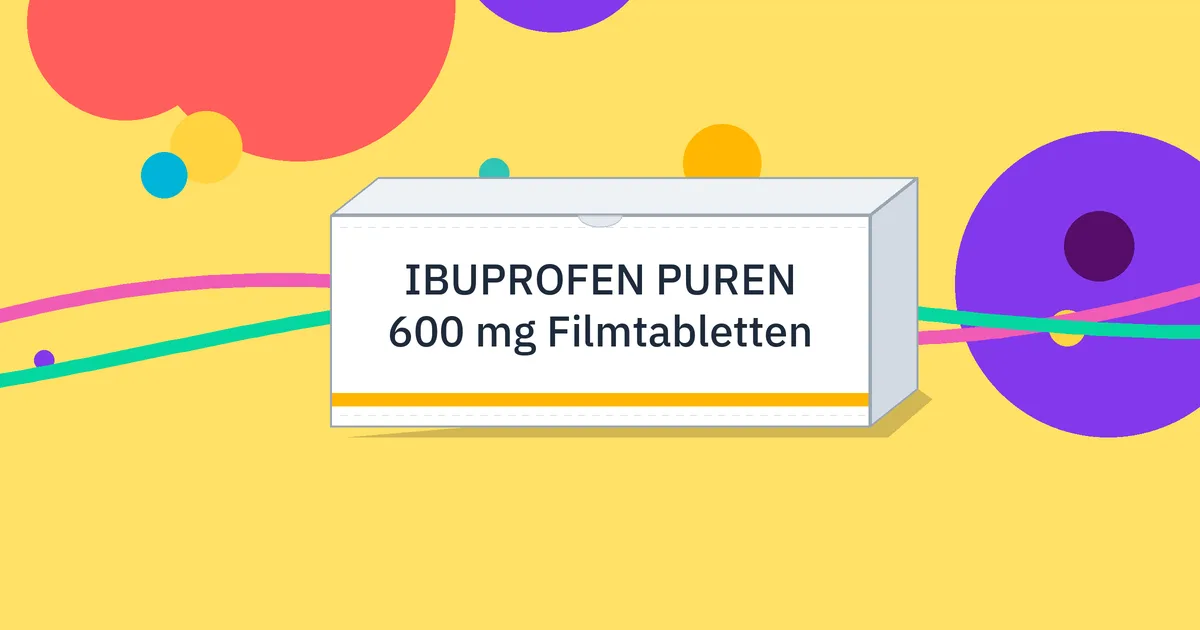 Symbolbild: Packung mit der Aufschrift IBUPROFEN PUREN 600 mg Filmtabletten (PZN 13816714) – Verfügbarkeit und Bezug in Apotheken in Frankfurt am Main