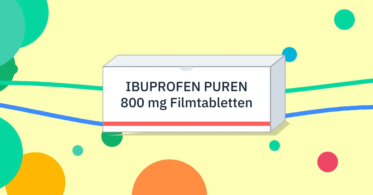 Symbolbild: Packung mit der Aufschrift IBUPROFEN PUREN 800 mg Filmtabletten (PZN 13816619) – Verfügbarkeit und Bezug in Apotheken in Frankfurt am Main