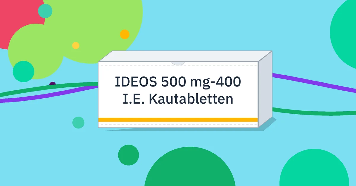 Symbolbild: Packung mit der Aufschrift IDEOS 500 mg-400 I.E. Kautabletten (PZN 11367146) – Verfügbarkeit und Bezug in Apotheken in Frankfurt am Main