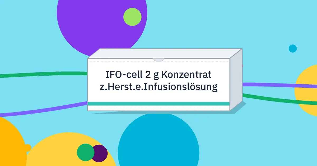 Symbolbild: Packung mit der Aufschrift IFO-cell 2 g Konzentrat z.Herst.e.Infusionslösung (PZN 08818964) – Verfügbarkeit und Bezug in Apotheken in Frankfurt am Main