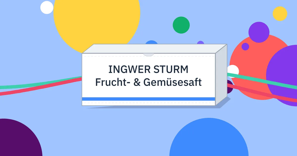Symbolbild: Packung mit der Aufschrift INGWER STURM Frucht- & Gemüsesaft (PZN 17636357) – Verfügbarkeit und Bezug in Apotheken in Frankfurt am Main