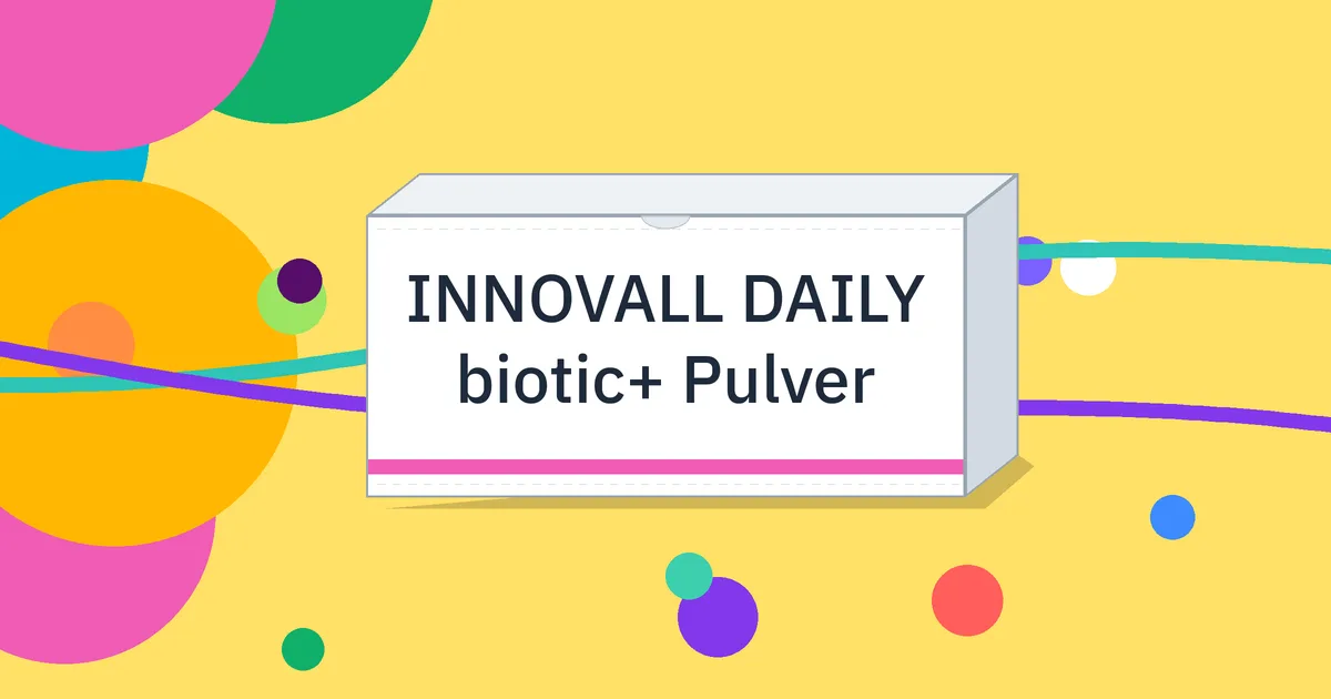Symbolbild: Packung mit der Aufschrift INNOVALL DAILY biotic+ Pulver (PZN 20042756) – Verfügbarkeit und Bezug in Apotheken in Frankfurt am Main