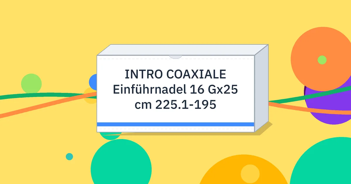 Symbolbild: Packung mit der Aufschrift INTRO COAXIALE Einführnadel 16 Gx25 cm 225.1-195 (PZN 16946512) – Verfügbarkeit und Bezug in Apotheken in Frankfurt am Main
