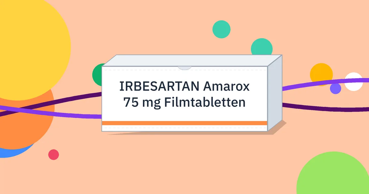 Symbolbild: Packung mit der Aufschrift IRBESARTAN Amarox 75 mg Filmtabletten (PZN 18660441) – Verfügbarkeit und Bezug in Apotheken in Frankfurt am Main