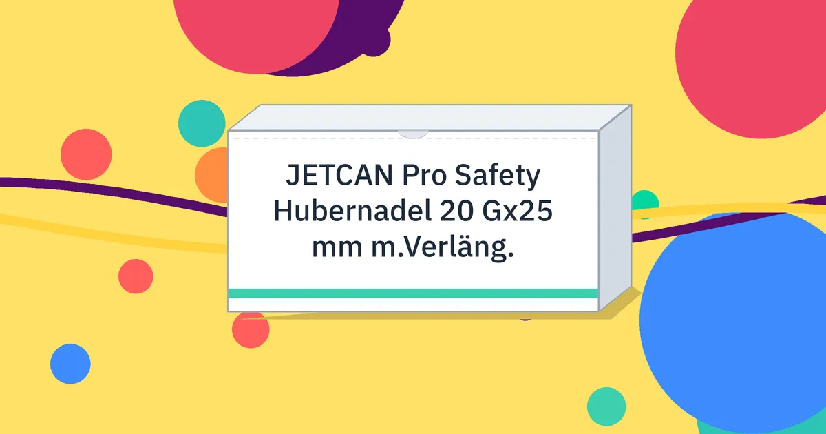Symbolbild: Packung mit der Aufschrift JETCAN Pro Safety Hubernadel 20 Gx25 mm m.Verläng. (PZN 19420963) – Verfügbarkeit und Bezug in Apotheken in Frankfurt am Main
