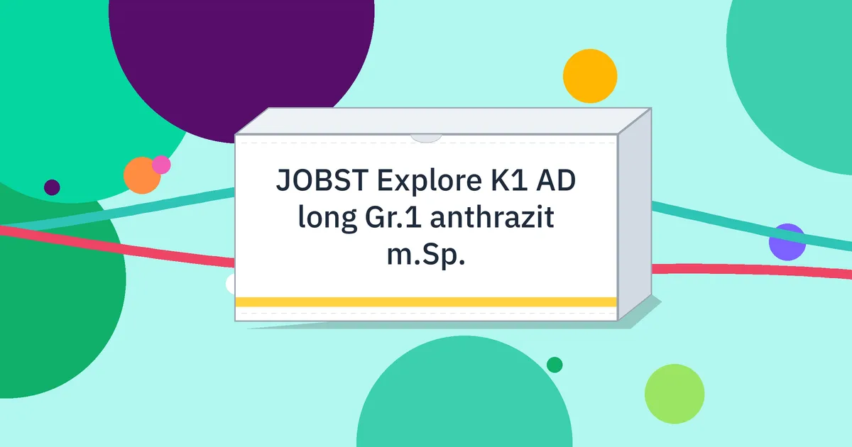 Symbolbild: Packung mit der Aufschrift JOBST Explore K1 AD long Gr.1 anthrazit m.Sp. (PZN 11021206) – Verfügbarkeit und Bezug in Apotheken in Frankfurt am Main