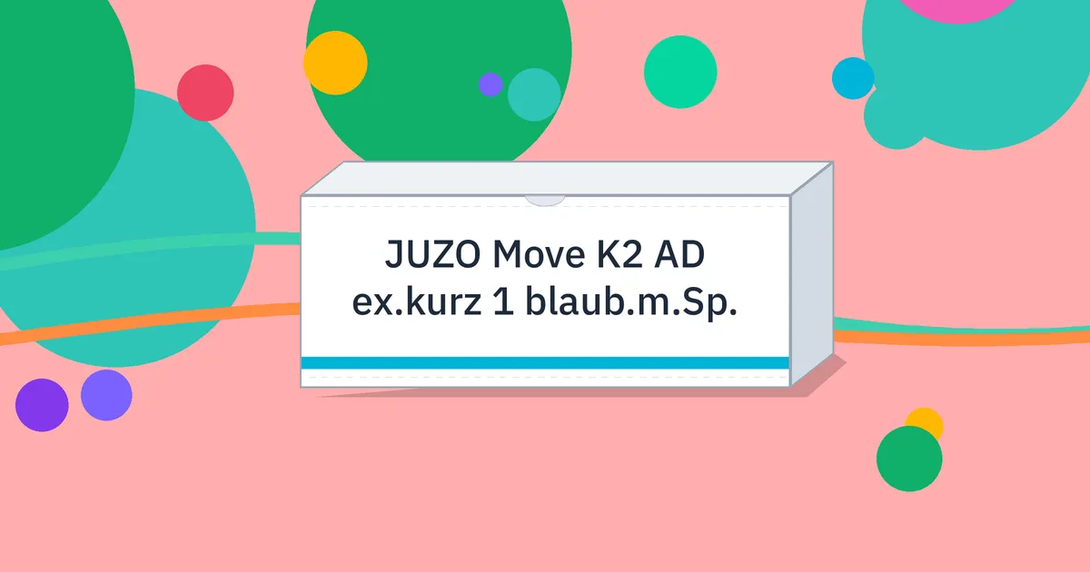 Symbolbild: Packung mit der Aufschrift JUZO Move K2 AD ex.kurz 1 blaub.m.Sp. (PZN 18541481) – Verfügbarkeit und Bezug in Apotheken in Frankfurt am Main
