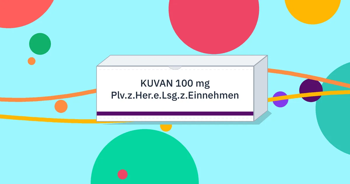Symbolbild: Packung mit der Aufschrift KUVAN 100 mg Plv.z.Her.e.Lsg.z.Einnehmen (PZN 13348555) – Verfügbarkeit und Bezug in Apotheken in Frankfurt am Main