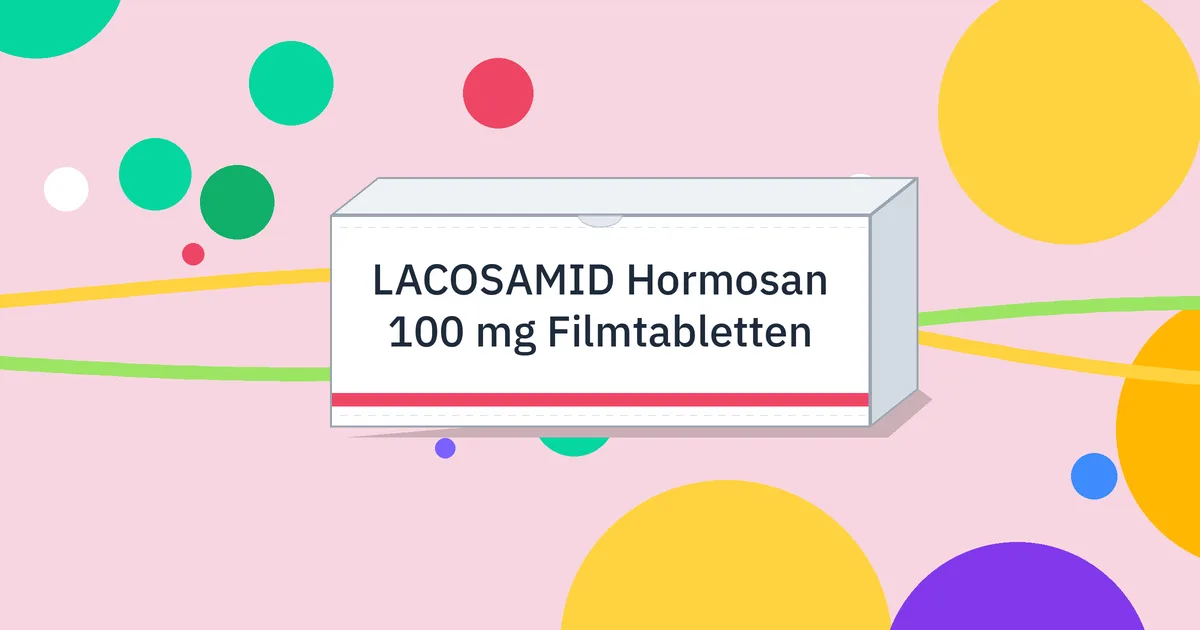 Symbolbild: Packung mit der Aufschrift LACOSAMID Hormosan 100 mg Filmtabletten (PZN 17941882) – Verfügbarkeit und Bezug in Apotheken in Frankfurt am Main