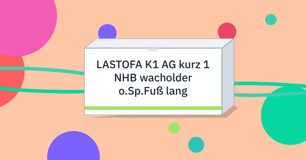 Symbolbild: Packung mit der Aufschrift LASTOFA K1 AG kurz 1 NHB wacholder o.Sp.Fuß lang (PZN 14147787) – Verfügbarkeit und Bezug in Apotheken in Frankfurt am Main