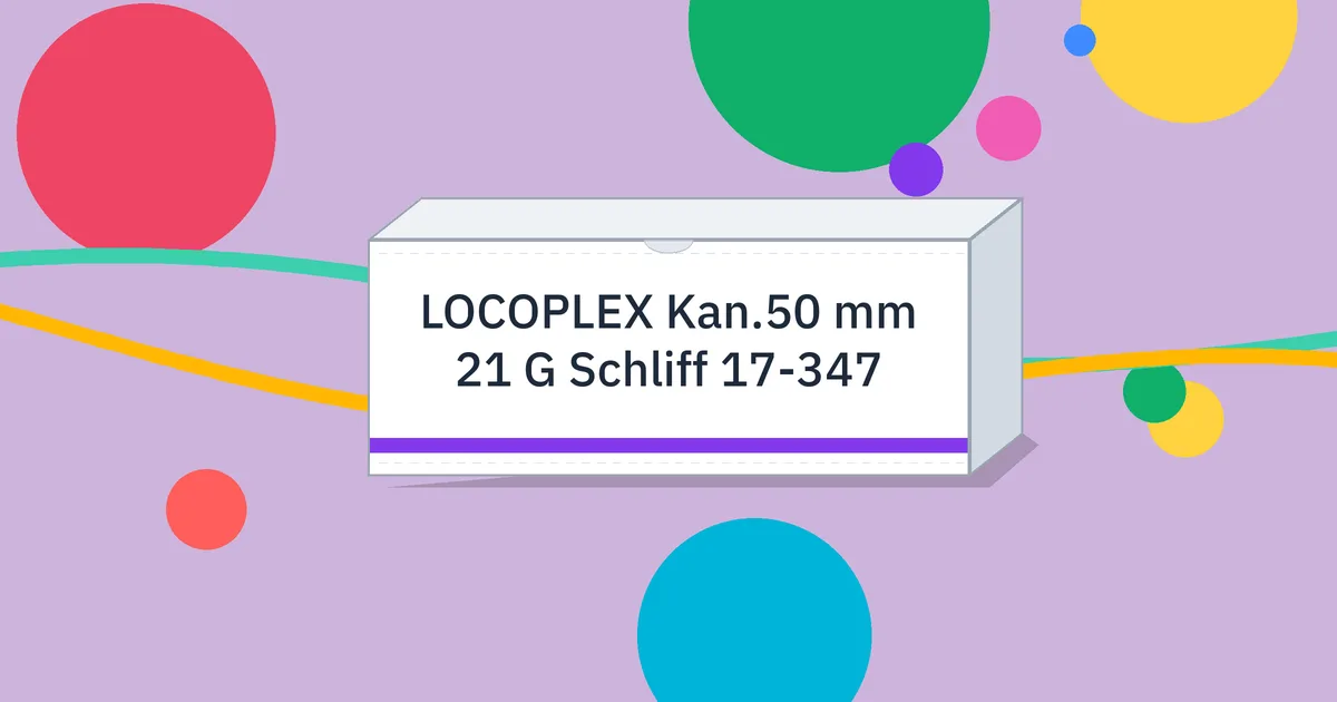 Symbolbild: Packung mit der Aufschrift LOCOPLEX Kan.50 mm 21 G Schliff 17-347 (PZN 04481605) – Verfügbarkeit und Bezug in Apotheken in Frankfurt am Main