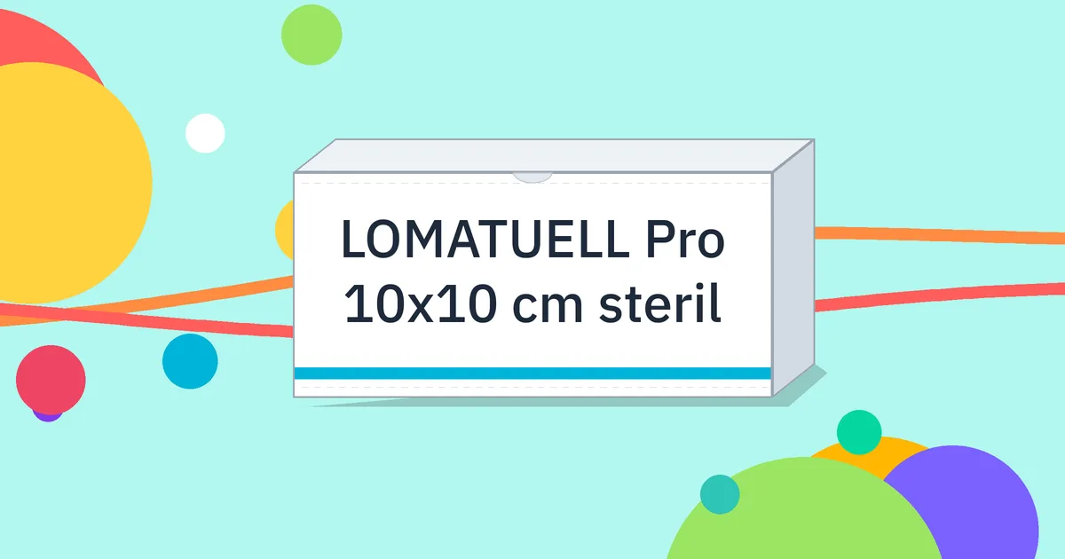 Symbolbild: Packung mit der Aufschrift LOMATUELL Pro 10x10 cm steril (PZN 17832259) – Verfügbarkeit und Bezug in Apotheken in Frankfurt am Main