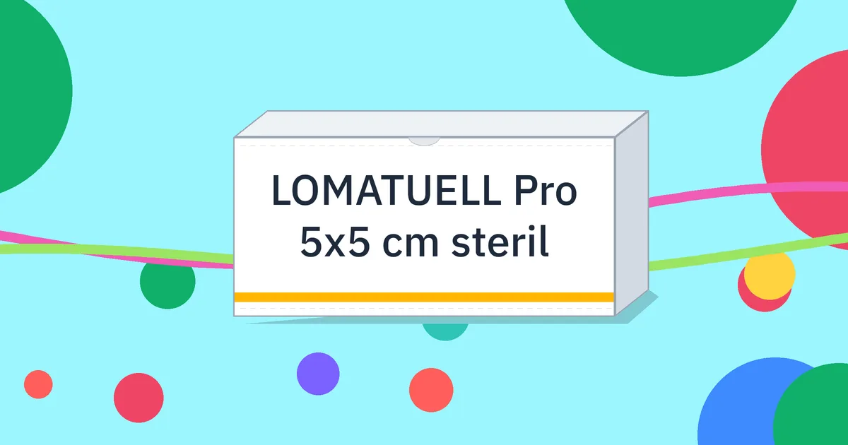 Symbolbild: Packung mit der Aufschrift LOMATUELL Pro 5x5 cm steril (PZN 20187472) – Verfügbarkeit und Bezug in Apotheken in Frankfurt am Main