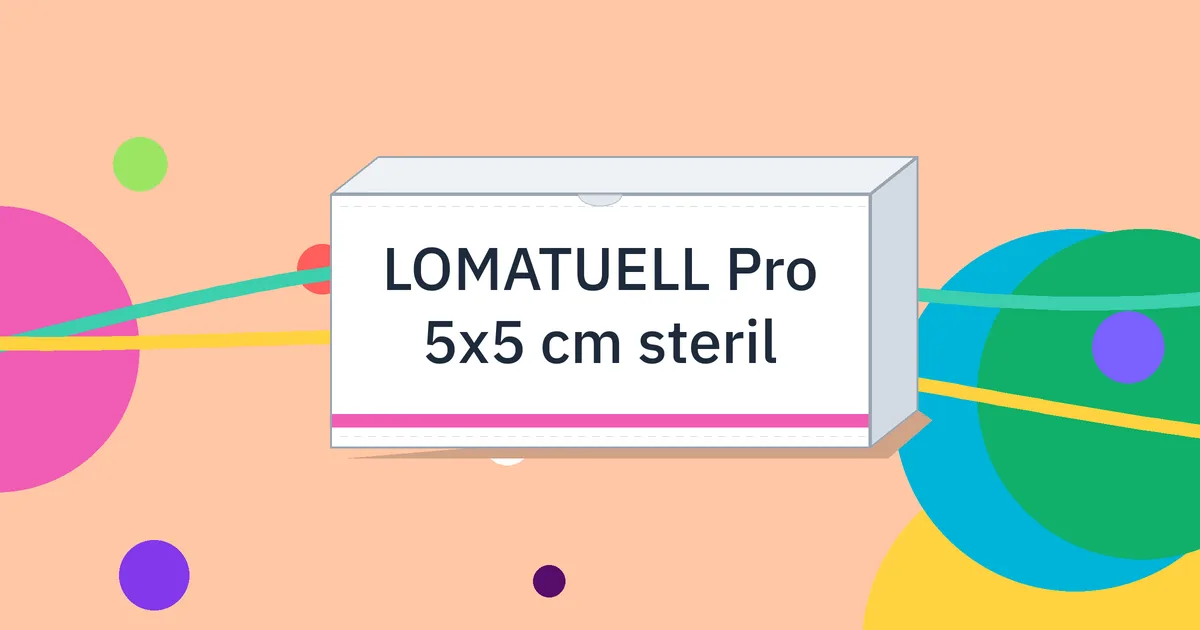 Symbolbild: Packung mit der Aufschrift LOMATUELL Pro 5x5 cm steril (PZN 10005091) – Verfügbarkeit und Bezug in Apotheken in Frankfurt am Main