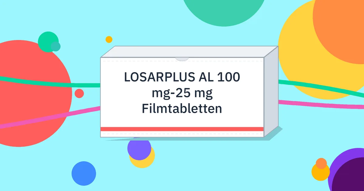 Symbolbild: Packung mit der Aufschrift LOSARPLUS AL 100 mg-25 mg Filmtabletten (PZN 01656027) – Verfügbarkeit und Bezug in Apotheken in Frankfurt am Main