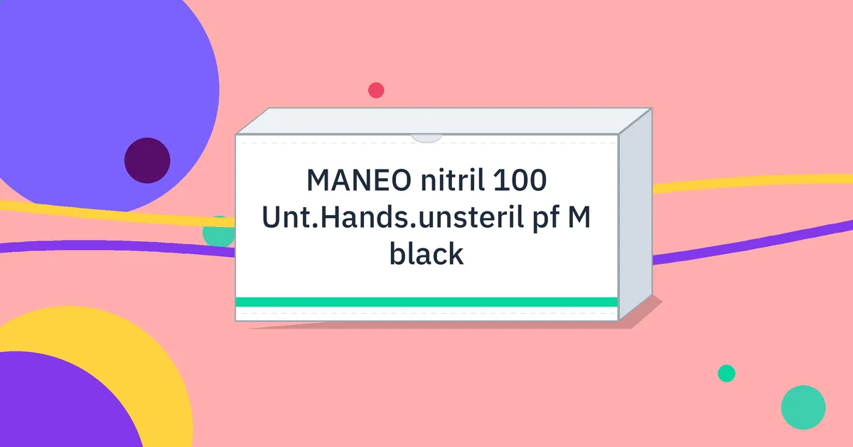 Symbolbild: Packung mit der Aufschrift MANEO nitril 100 Unt.Hands.unsteril pf M black (PZN 19689978) – Verfügbarkeit und Bezug in Apotheken in Frankfurt am Main