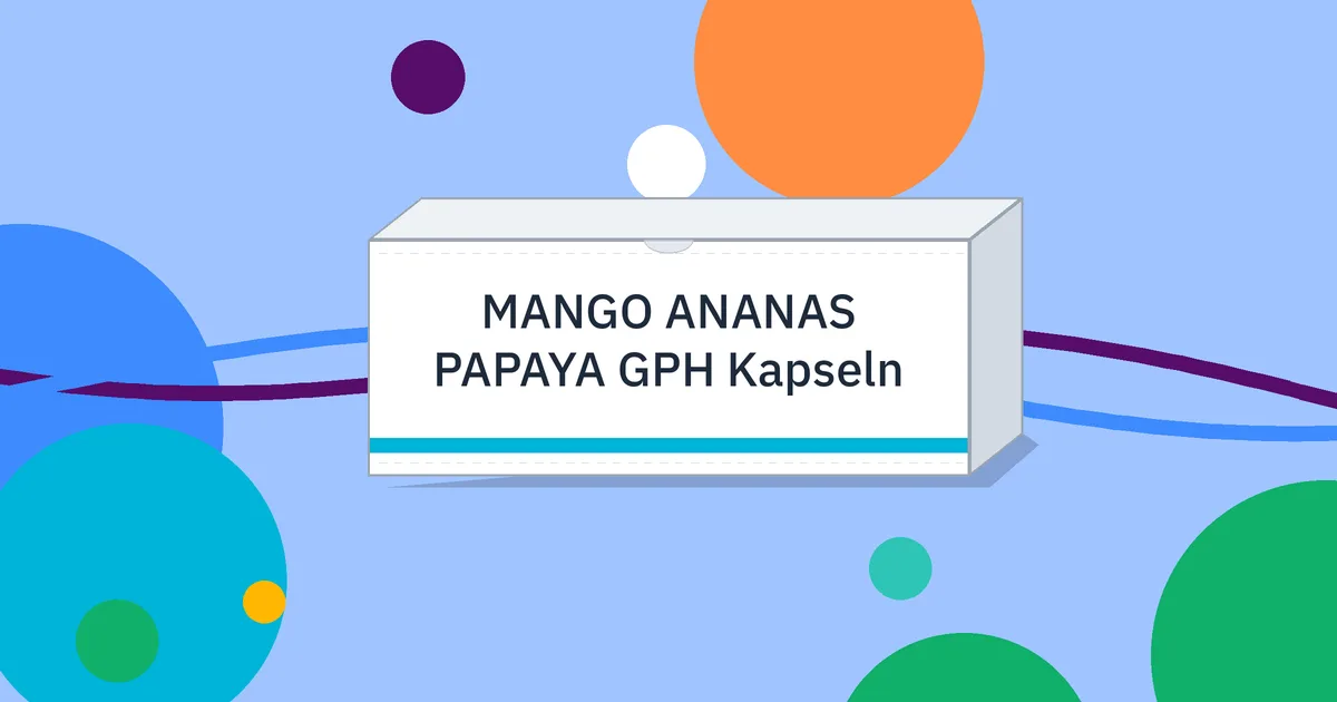 Symbolbild: Packung mit der Aufschrift MANGO ANANAS PAPAYA GPH Kapseln (PZN 03444714) – Verfügbarkeit und Bezug in Apotheken in Frankfurt am Main