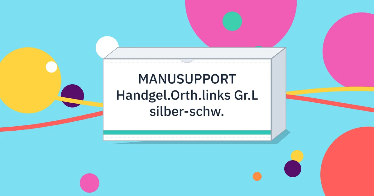 Symbolbild: Packung mit der Aufschrift MANUSUPPORT Handgel.Orth.links Gr.L silber-schw. (PZN 11096902) – Verfügbarkeit und Bezug in Apotheken in Frankfurt am Main