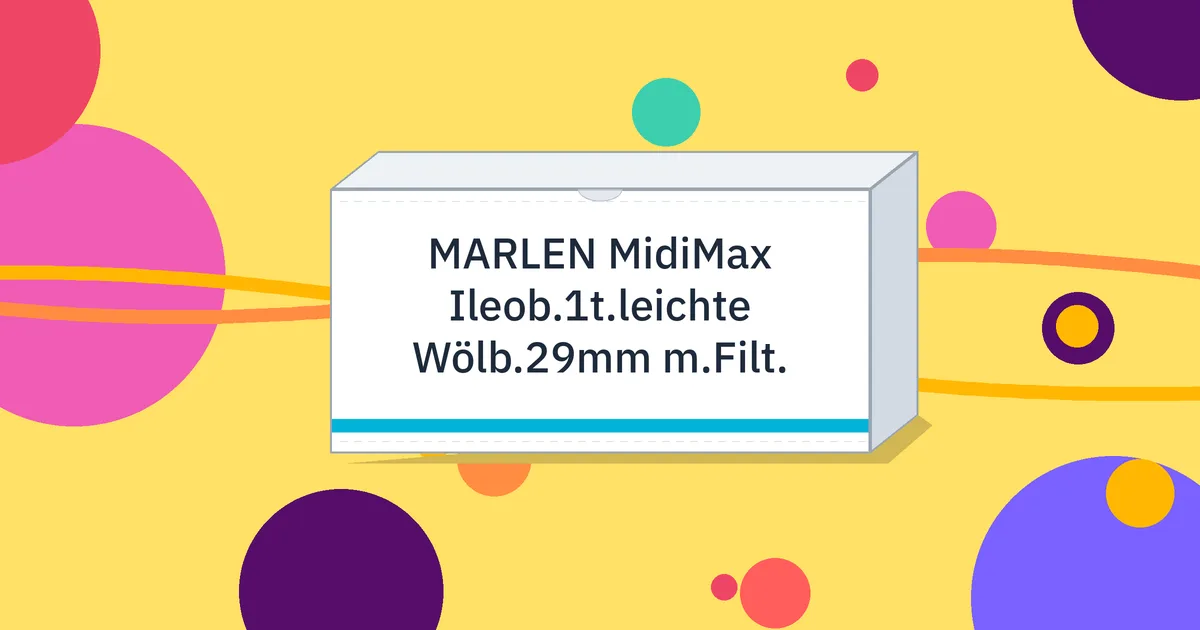 Symbolbild: Packung mit der Aufschrift MARLEN MidiMax Ileob.1t.leichte Wölb.29mm m.Filt. (PZN 16658173) – Verfügbarkeit und Bezug in Apotheken in Frankfurt am Main