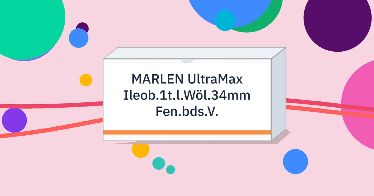 Symbolbild: Packung mit der Aufschrift MARLEN UltraMax Ileob.1t.l.Wöl.34mm Fen.bds.V. (PZN 05354435) – Verfügbarkeit und Bezug in Apotheken in Frankfurt am Main
