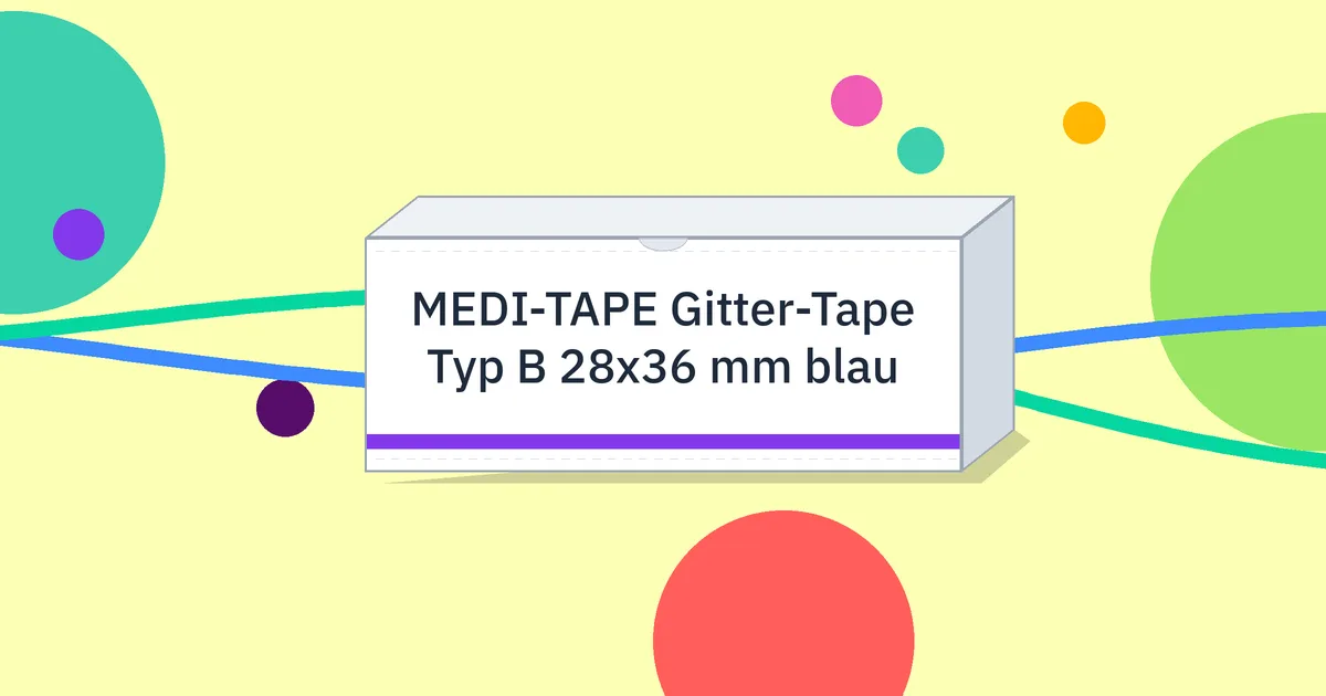 Symbolbild: Packung mit der Aufschrift MEDI-TAPE Gitter-Tape Typ B 28x36 mm blau (PZN 16043112) – Verfügbarkeit und Bezug in Apotheken in Frankfurt am Main