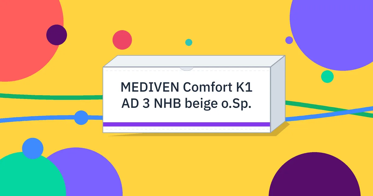 Symbolbild: Packung mit der Aufschrift MEDIVEN Comfort K1 AD 3 NHB beige o.Sp. (PZN 14560642) – Verfügbarkeit und Bezug in Apotheken in Frankfurt am Main