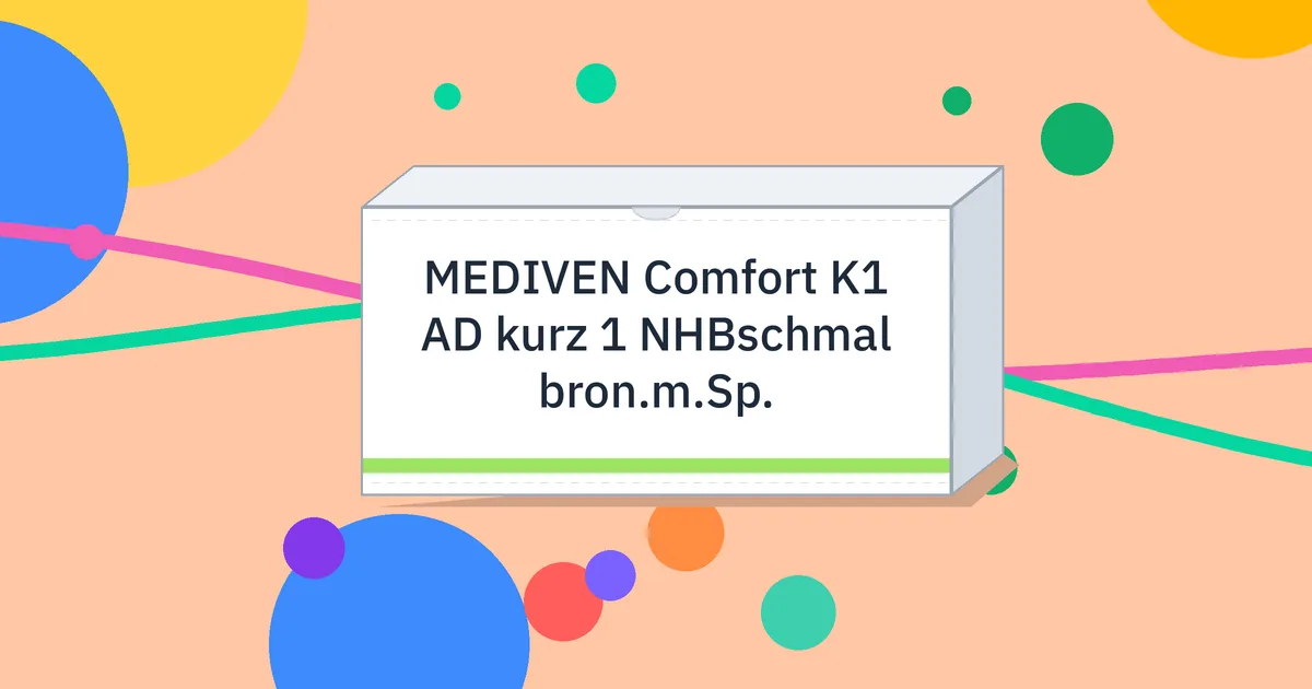 Symbolbild: Packung mit der Aufschrift MEDIVEN Comfort K1 AD kurz 1 NHBschmal bron.m.Sp. (PZN 14557870) – Verfügbarkeit und Bezug in Apotheken in Frankfurt am Main