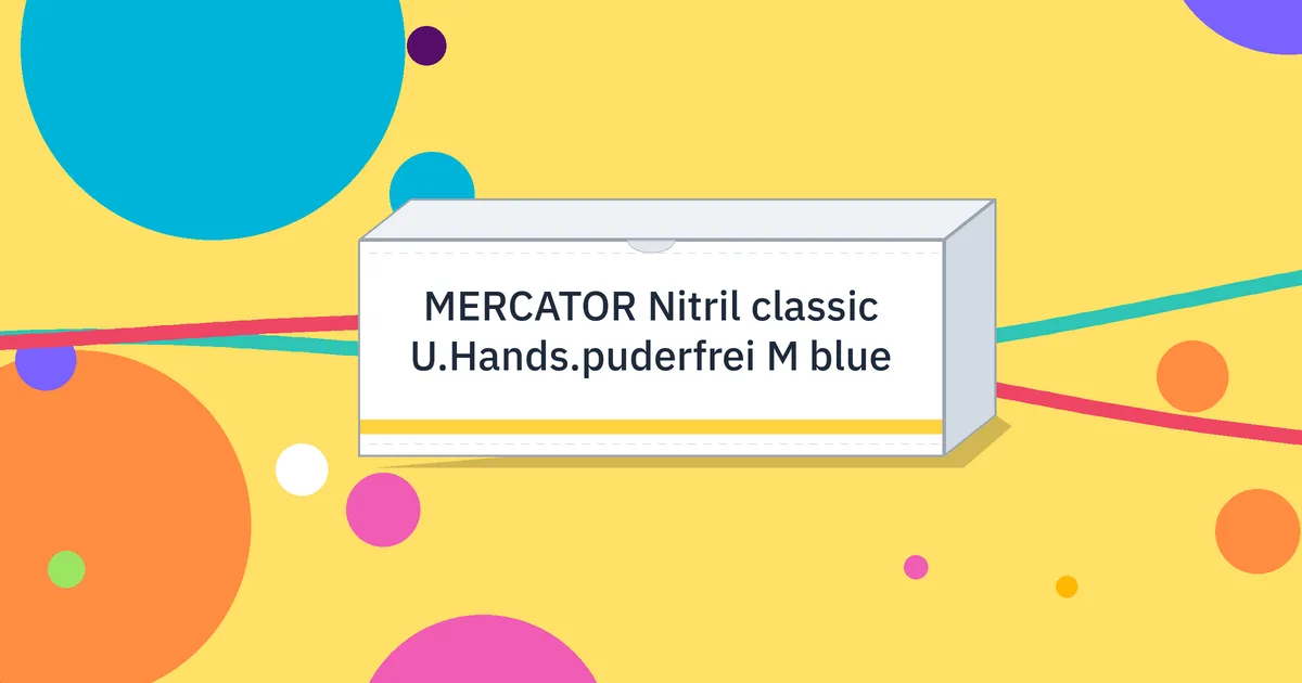 Symbolbild: Packung mit der Aufschrift MERCATOR Nitril classic U.Hands.puderfrei M blue (PZN 19843072) – Verfügbarkeit und Bezug in Apotheken in Frankfurt am Main