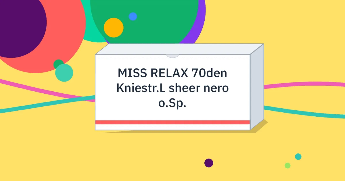 Symbolbild: Packung mit der Aufschrift MISS RELAX 70den Kniestr.L sheer nero o.Sp. (PZN 20289741) – Verfügbarkeit und Bezug in Apotheken in Frankfurt am Main
