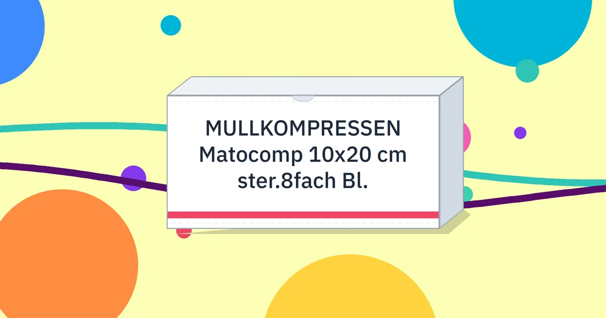 Symbolbild: Packung mit der Aufschrift MULLKOMPRESSEN Matocomp 10x20 cm ster.8fach Bl. (PZN 03377857) – Verfügbarkeit und Bezug in Apotheken in Frankfurt am Main