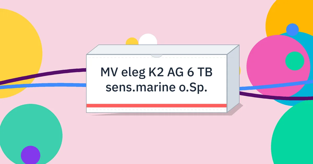 Symbolbild: Packung mit der Aufschrift MV eleg K2 AG 6 TB sens.marine o.Sp. (PZN 14610914) – Verfügbarkeit und Bezug in Apotheken in Frankfurt am Main