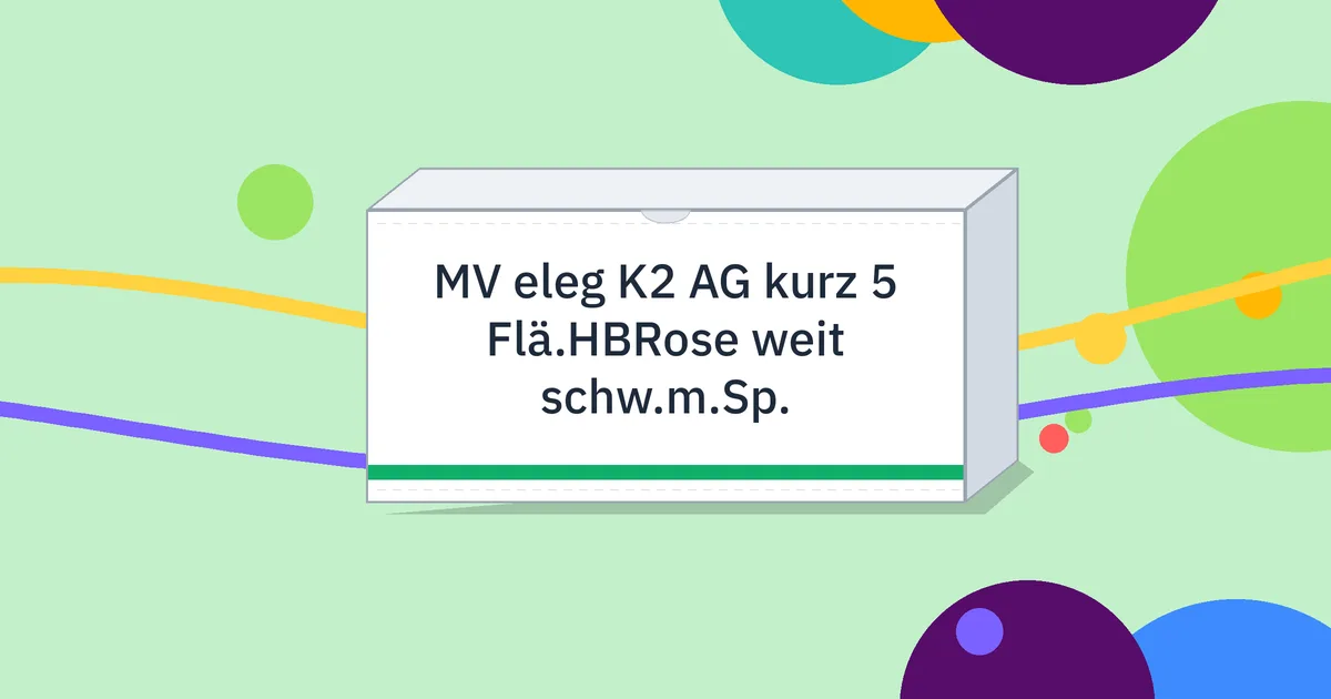 Symbolbild: Packung mit der Aufschrift MV eleg K2 AG kurz 5 Flä.HBRose weit schw.m.Sp. (PZN 15707159) – Verfügbarkeit und Bezug in Apotheken in Frankfurt am Main