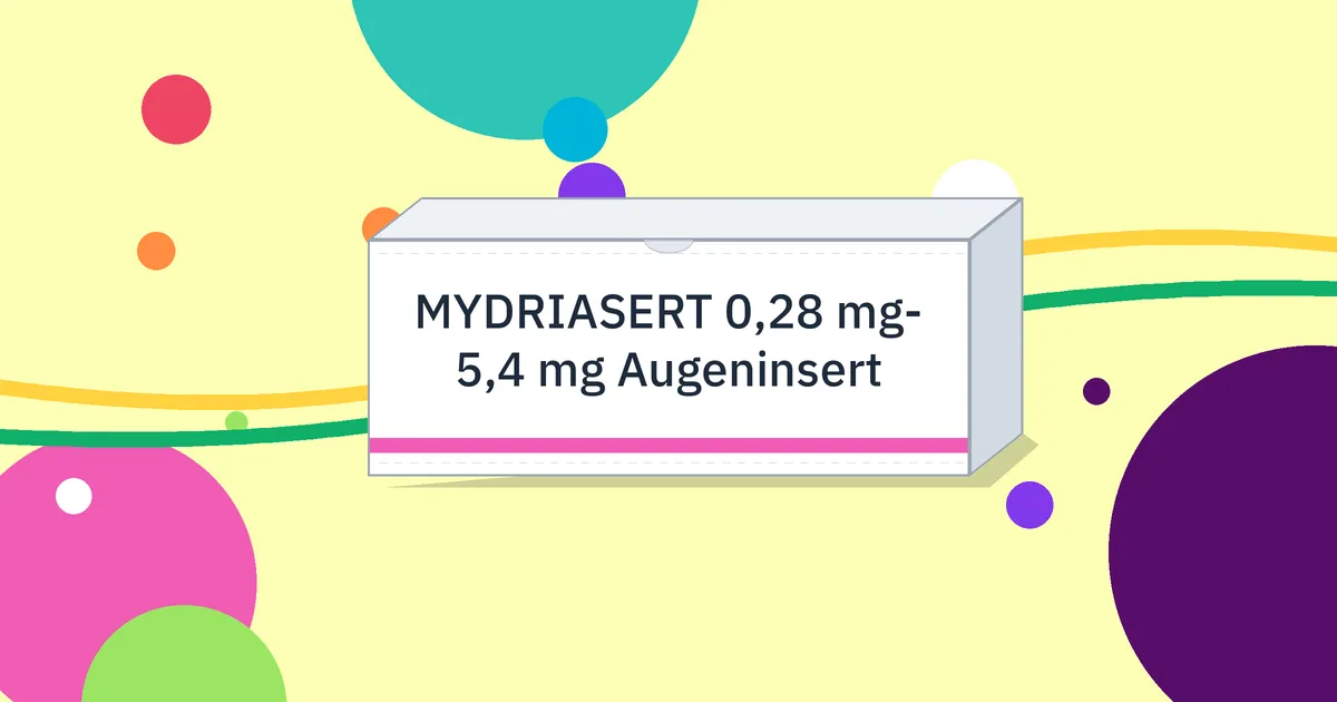 Symbolbild: Packung mit der Aufschrift MYDRIASERT 0,28 mg-5,4 mg Augeninsert (PZN 07532958) – Verfügbarkeit und Bezug in Apotheken in Frankfurt am Main