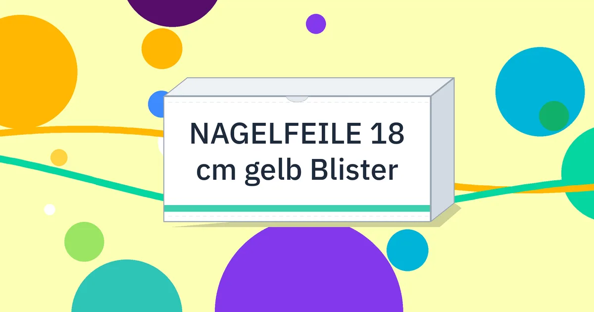 Symbolbild: Packung mit der Aufschrift NAGELFEILE 18 cm gelb Blister (PZN 01587036) – Verfügbarkeit und Bezug in Apotheken in Frankfurt am Main