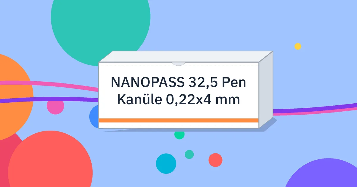 Symbolbild: Packung mit der Aufschrift NANOPASS 32,5 Pen Kanüle 0,22x4 mm (PZN 16595225) – Verfügbarkeit und Bezug in Apotheken in Frankfurt am Main