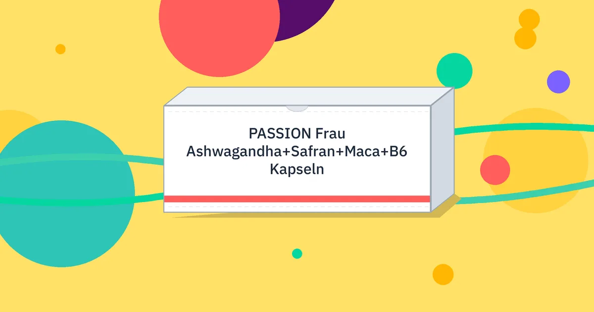 Symbolbild: Packung mit der Aufschrift PASSION Frau Ashwagandha+Safran+Maca+B6 Kapseln (PZN 20298786) – Verfügbarkeit und Bezug in Apotheken in Frankfurt am Main