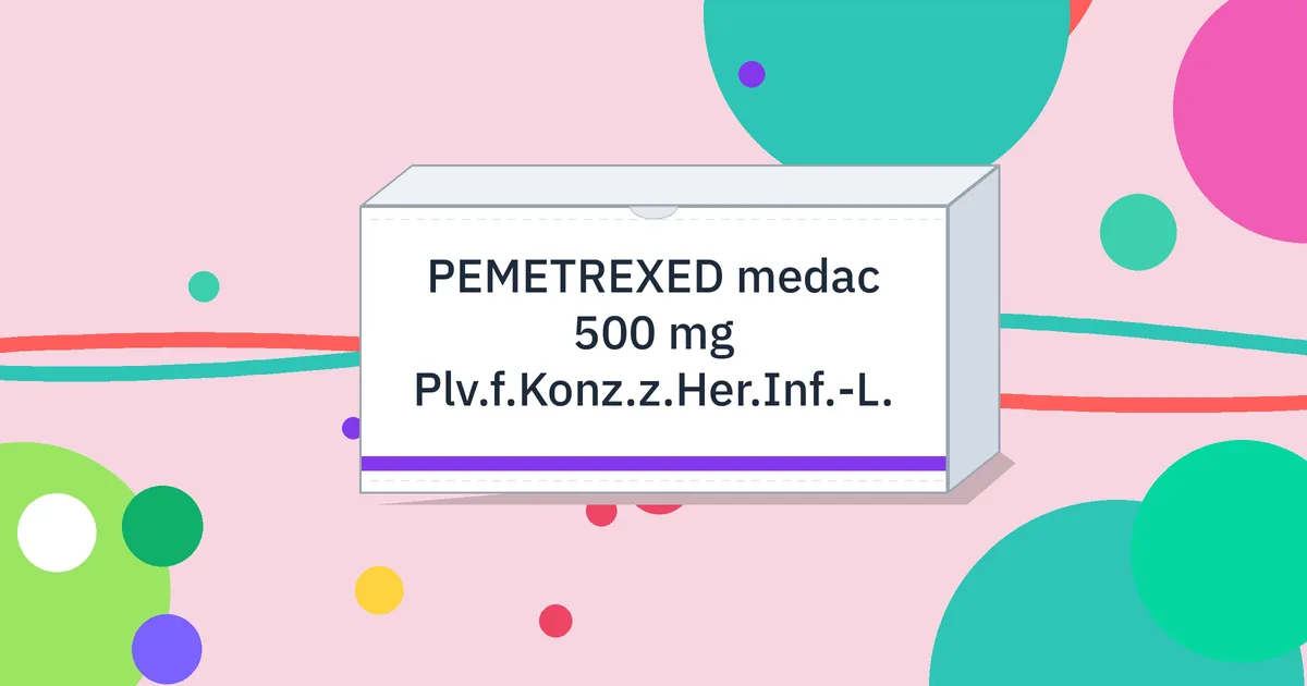 Symbolbild: Packung mit der Aufschrift PEMETREXED medac 500 mg Plv.f.Konz.z.Her.Inf.-L. (PZN 11313334) – Verfügbarkeit und Bezug in Apotheken in Frankfurt am Main