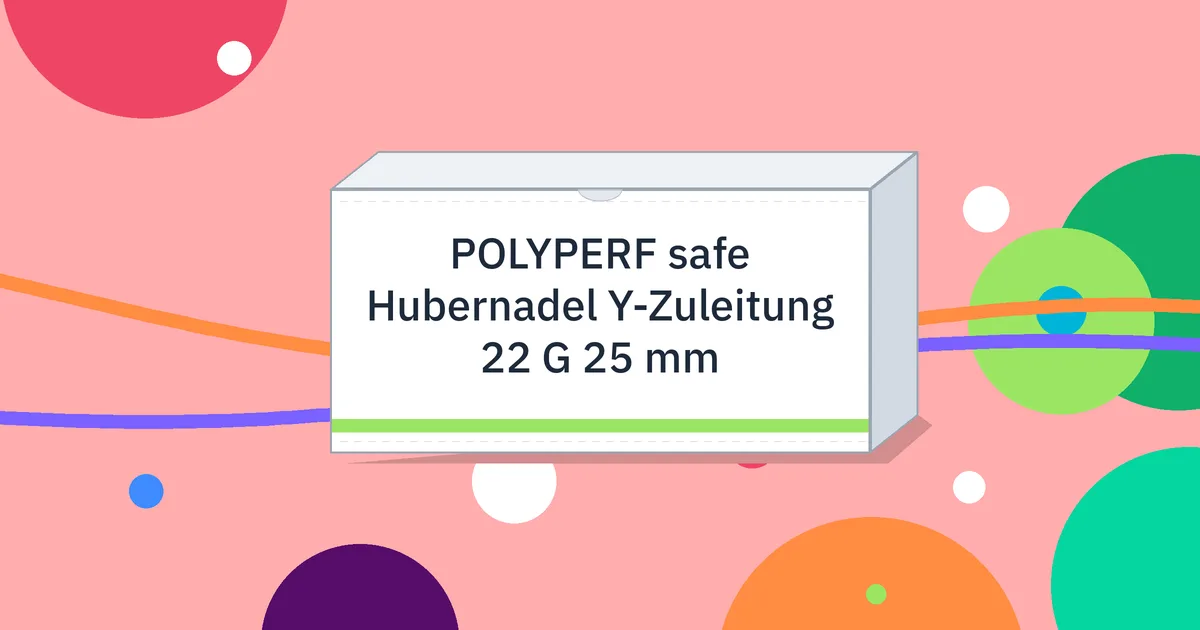 Symbolbild: Packung mit der Aufschrift POLYPERF safe Hubernadel Y-Zuleitung 22 G 25 mm (PZN 18114046) – Verfügbarkeit und Bezug in Apotheken in Frankfurt am Main