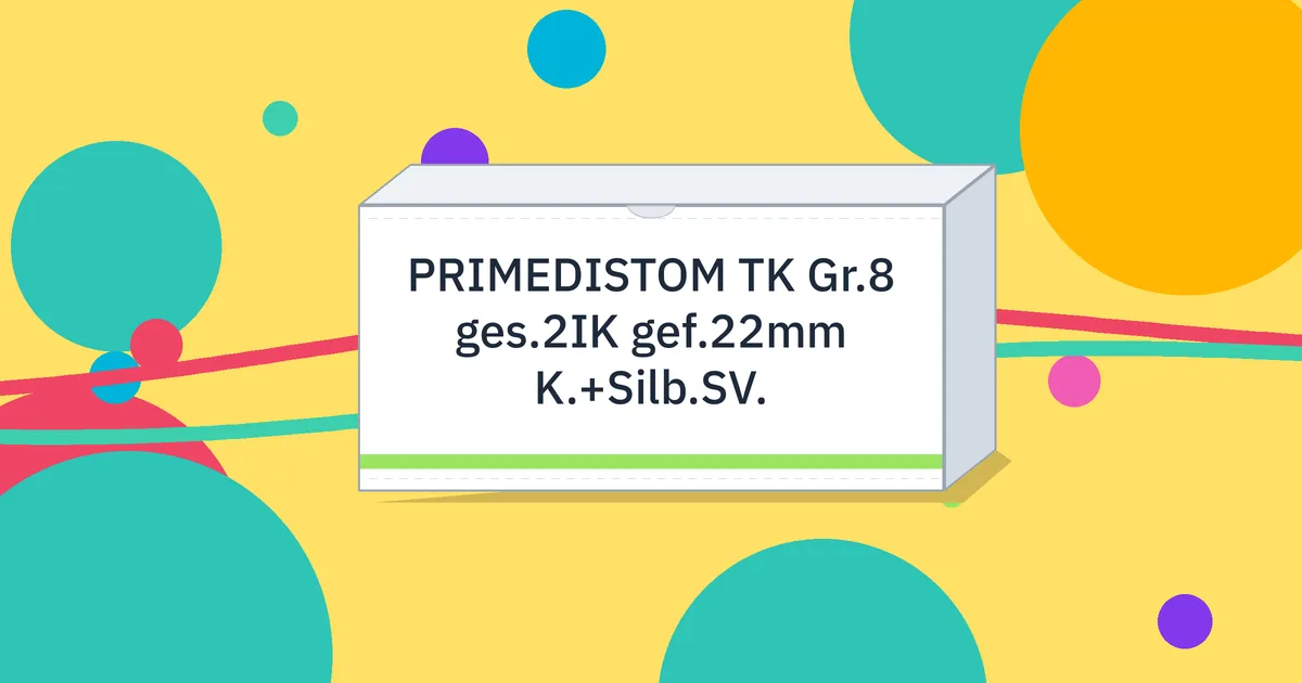 Symbolbild: Packung mit der Aufschrift PRIMEDISTOM TK Gr.8 ges.2IK gef.22mm K.+Silb.SV. (PZN 10980318) – Verfügbarkeit und Bezug in Apotheken in Frankfurt am Main