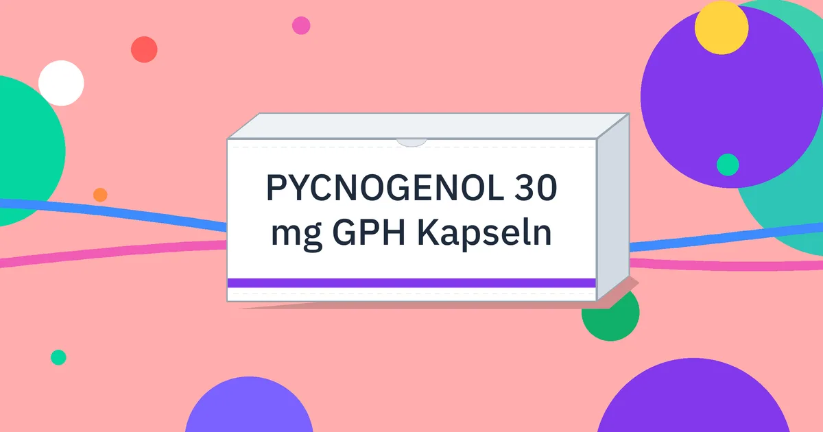 Symbolbild: Packung mit der Aufschrift PYCNOGENOL 30 mg GPH Kapseln (PZN 09188123) – Verfügbarkeit und Bezug in Apotheken in Frankfurt am Main